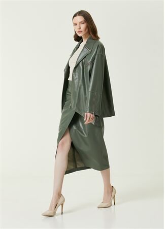 Due 2 Kadın Yeşil Yırtmaçlı Midi Deri Etek S EU