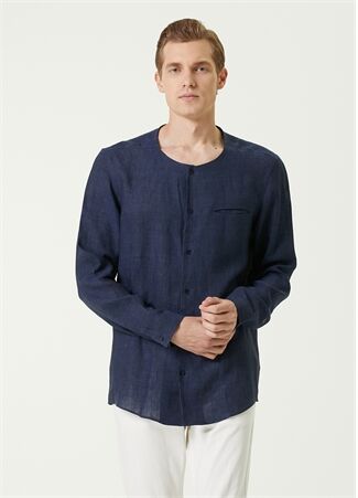 Palzileri Lab Erkek Lacivert Bisiklet Yaka Keten Gömlek 4 IT