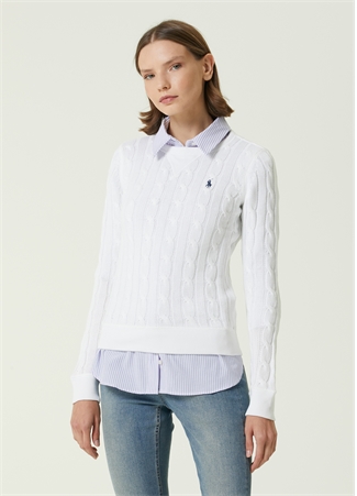 Polo Ralph Lauren Kadın Beyaz Bisiklet Yaka Saç Örgü Kazak XS EU