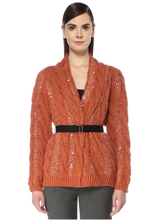 Brunello Cucinelli Kadın Kiremit V Yaka Pulpayet İşlemeli Hırka Kırmızı S EU