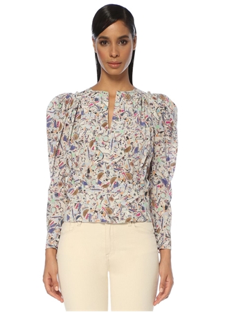 Isabel Marant Kadın Zarga Mavi Desenli Karpuz Kol İpek Bluz 34 FR