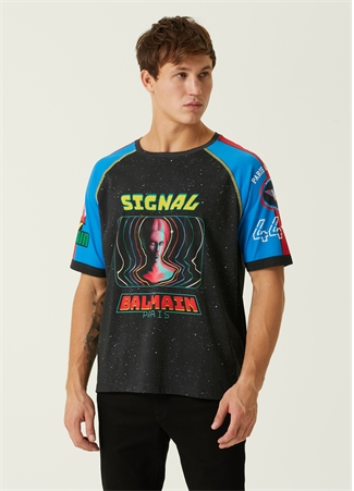 Balmain Erkek Mavi Figür Desenli Logo Detaylı T-shirt M EU Balmain Erkek Mavi Figür Desenli Logo Detaylı T-shirt M EU