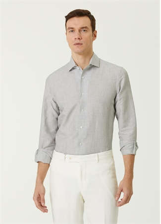 Pal Zileri Erkek Gri İngiliz Yaka Keten Gömlek 40 IT