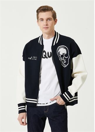 Alexander McQueen Erkek Lacivert Ekru Kurukafa Baskılı Logolu Yün Mont L EU