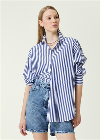 Beymen Club Kadın Lacivert Dik Çizgili Oversized Poplin Gömlek Xs