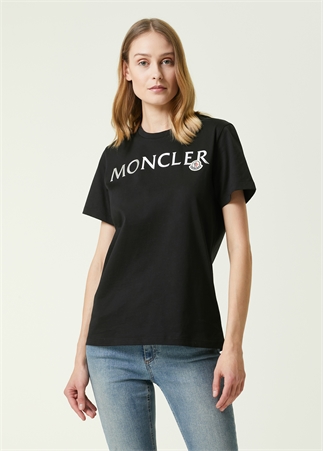 Moncler Kadın Siyah Bisiklet Yaka Logolu T-shirt L EU