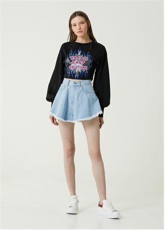 Versace Jeans Couture Kadın Siyah Baskılı Balon Kol Crop Sweatshirt 42 IT