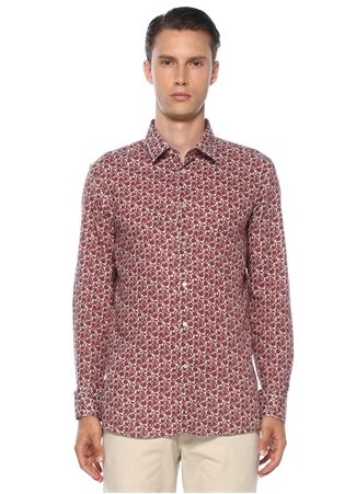 Palzileri Lab Erkek Bordo Beyaz Modern Yaka Çiçekli Keten Gömlek 40 IT