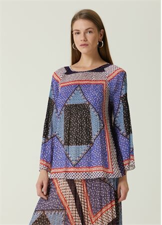 Beymen Club Kadın Mavi Patchwork Desenli Pilili Şifon Bluz S