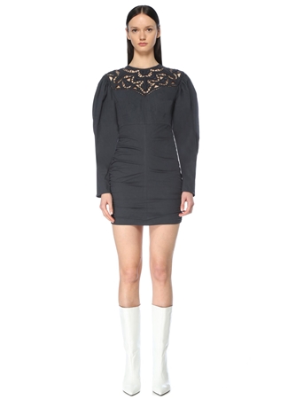 Isabel Marant Kadın Antrasit Yaka Detaylı Karpuz Kol Mini Elbise Lacivert 34 FR