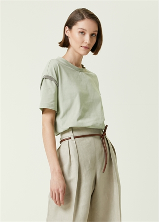 Brunello Cucinelli Kadın Açık Yeşil Bisiklet Yaka Zincir Şeritli T-shirt S EU Brunello Cucinelli Kadın Açık Yeşil Bisiklet Yaka Zincir Şeritli T-shirt S EU