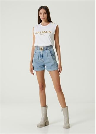 Balmain Kadın Mavi Beli Kemerli Denim Şort 36 FR