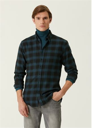 Network Erkek Slim Fit Siyah Yeşil Gömlek 39 EU