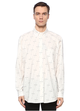 Balenciaga Erkek Beyaz Düğmeli Yaka Kontrast Logolu Gömlek 4 IT