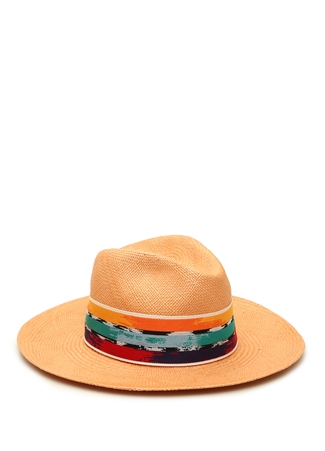 Catarzi Kadın Bej Bant Detaylı Hasır Şapka Turuncu 56 EU
