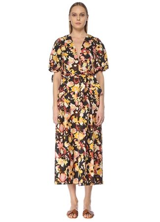 Camilla and Marc Kadın Siyah V Yaka Desenli Balon Kol Midi Elbise 6 US