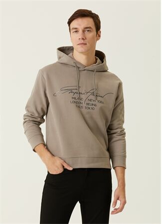 Emporio Armani Erkek Bej Kapüşonlu Logolu Sweatshirt L EU