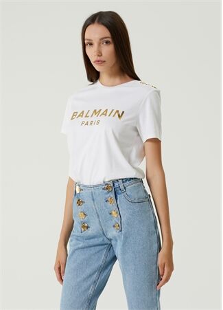 Balmain Kadın Beyaz Gold Bisiklet Yaka Logolu T-shirt S EU