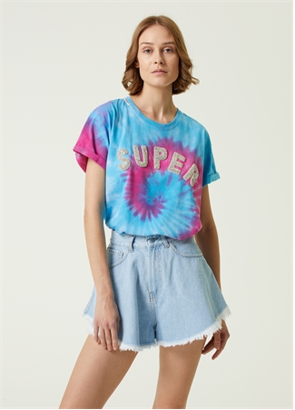 Forte Couture Kadın Bisiklet Yaka Batik Desenli Taşlı T-shirt Mavi M EU Forte Couture Kadın Bisiklet Yaka Batik Desenli Taşlı T-shirt Mavi M EU