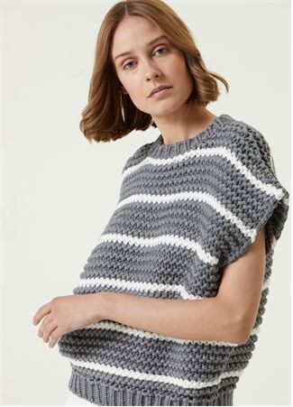 Brunello Cucinelli Kadın Gri Bisiklet Yaka Çizgili Kısa Kol Örgü Triko XS EU