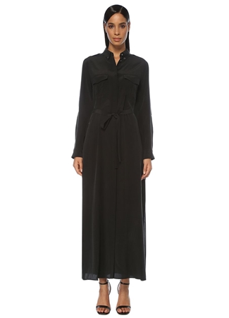 Equipment Kadın Siyah Beli Kuşaklı Midi İpek Elbise XS EU