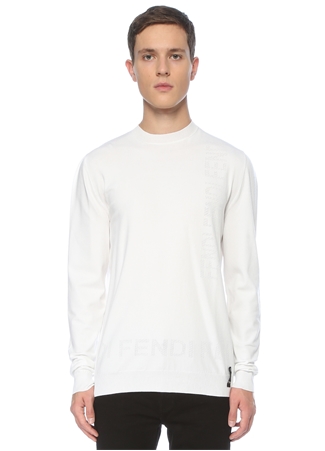 Fendi Erkek Beyaz Bisiklet Yaka Delikli Logolu Yün Kazak 48 IT