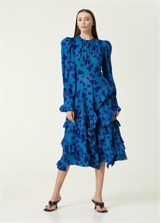 Mergim Kadın Ulla Mavi Fırfırlı Çiçekli Midi Abiye Elbise Eu
