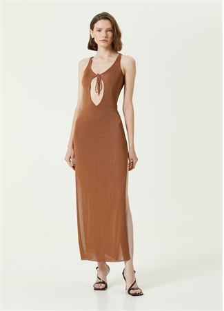 Aya Muse Kadın Kahverengi Simli Kesim Detaylı Maksi Elbise XS EU Aya Muse Kadın Kahverengi Simli Kesim Detaylı Maksi Elbise XS EU