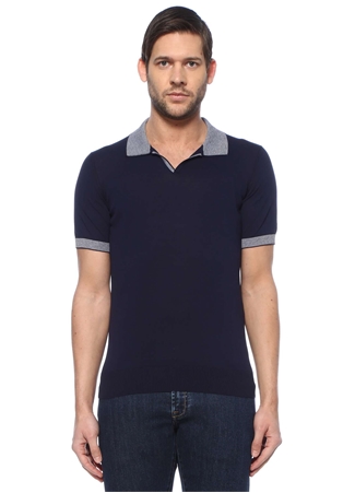 Luciano Barbera Erkek Lacivert Polo Yaka Kontrast Şeritli T-shirt 48 IT