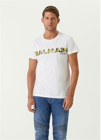 Balmain Erkek Beyaz Sarı Logo Detaylı T-shirt L EU Balmain Erkek Beyaz Sarı Logo Detaylı T-shirt L EU