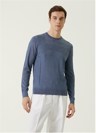 Emporio Armani Erkek Mavi Şerit Jakarlı Yün Kazak XXL EU