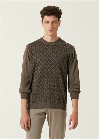 Canali Erkek Vizon Geometrik Desenli Yün Kazak Kahverengi 52 IT