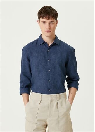 Zegna Erkek Lacivert Keten Gömlek L It