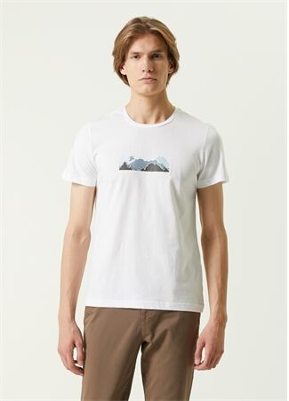 Beymen Club Erkek Beyaz Dağ Baskılı Kayıkçı Figürlü T-shirt S