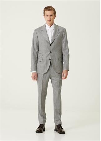 Brunello Cucinelli Erkek Gri Çizgi Desenli Yün Takım Elbise 48 IT