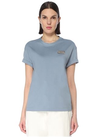 Brunello Cucinelli Kadın Mavi Logo Patchli T-shirt L EU