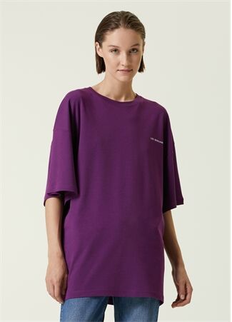 Les Benjamins Kadın Oversize Mor Bisiklet Yaka Baskılı T-shirt XL EU