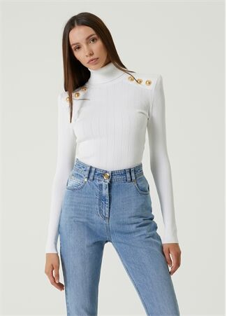 Balmain Kadın Beyaz Balıkçı Yaka Düğmeli Triko 42 FR