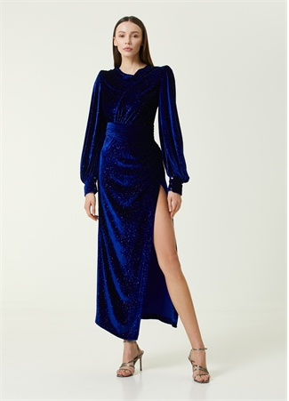 Raisa Vanessa Kadın Saks Yırtmaç Detaylı Maksi Kadife Abiye Elbise Mavi 36 EU