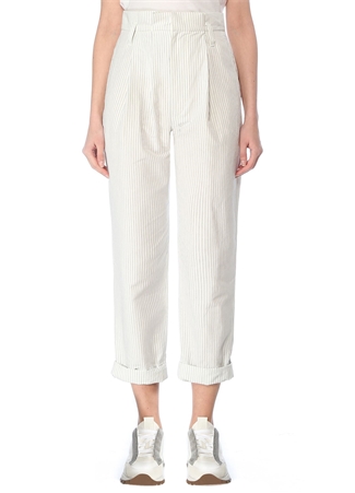 Brunello Cucinelli Kadın Beyaz Yüksek Bel Çizgili Crop Pantolon Siyah 42 IT