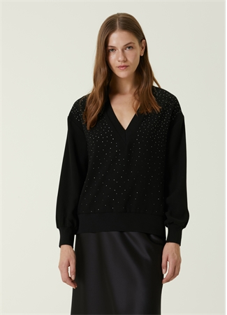 Beymen Club Kadın Siyah V Yaka Taşlı Krep Bluz XS