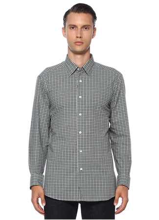 Zegna Erkek Yeşil Gri Modern Yaka Kareli Gömlek XL EU