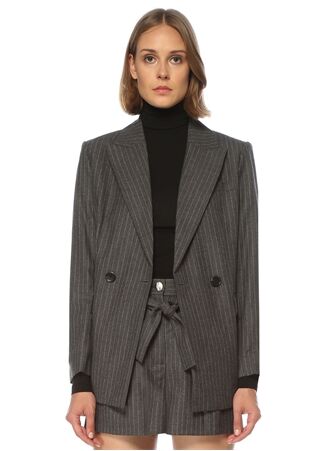 Maje Kadın Gri Çizgili Kruvaze Yün Ceket 40 FR