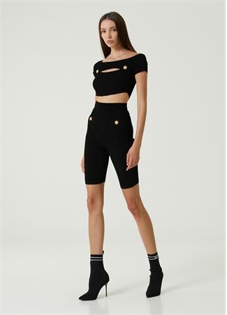 Balmain Kadın Siyah Yüksek Bel Ribli Şort 42 FR