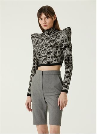 Balmain Kadın Siyah Krem Balıkçı Yaka Desenli Crop Kazak 42 FR