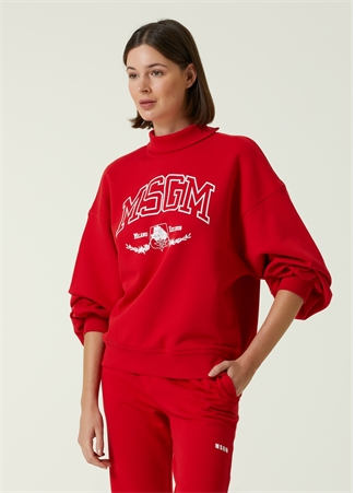 Msgm Kadın Kırmızı Dik Yaka Logolu Sweatshirt S EU