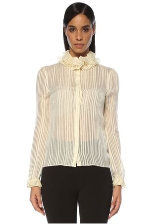 Kadın Ekru Gold Fırfırlı Çizgi Desenli İpek Gömlek Bej 36 IT