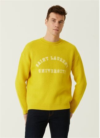 Erkek Sarı Logo Jakarlı Çizgi Dokulu Yün Triko S EU
