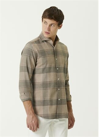 Canali Erkek Bej İtalyan Yaka Kareli Gömlek Gri L EU