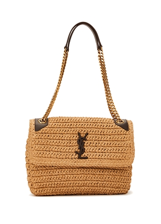 Kadın Bej Hasır Dokulu Deri Omuz Çantası Kahverengi Eu